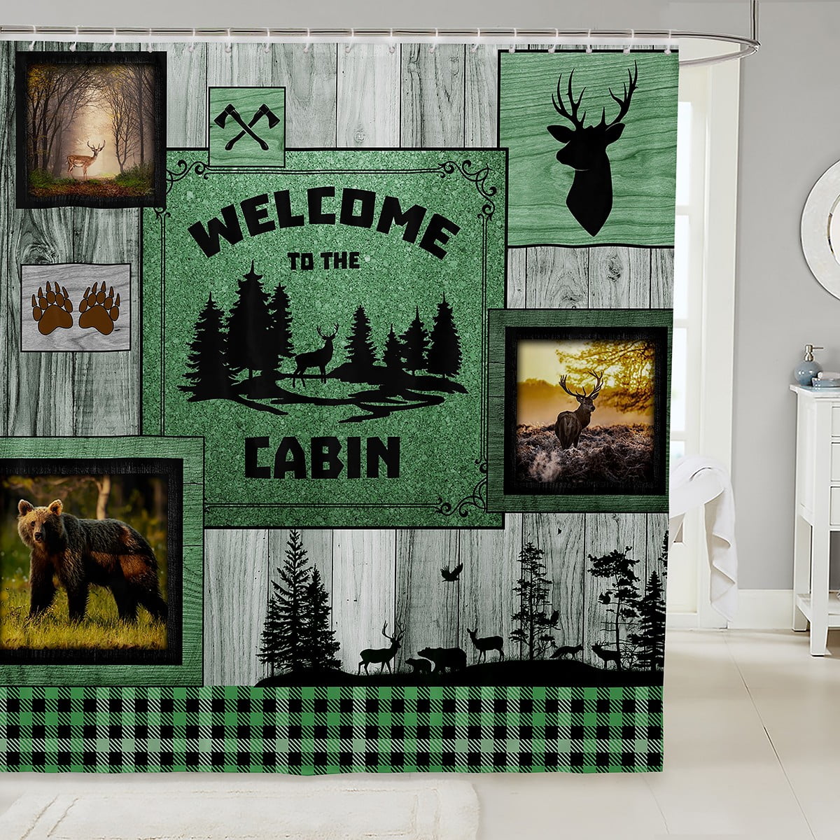 Retro Cabin Rustic Bear Deer Bath Curtain Hunting Wild Animal Fabric ...