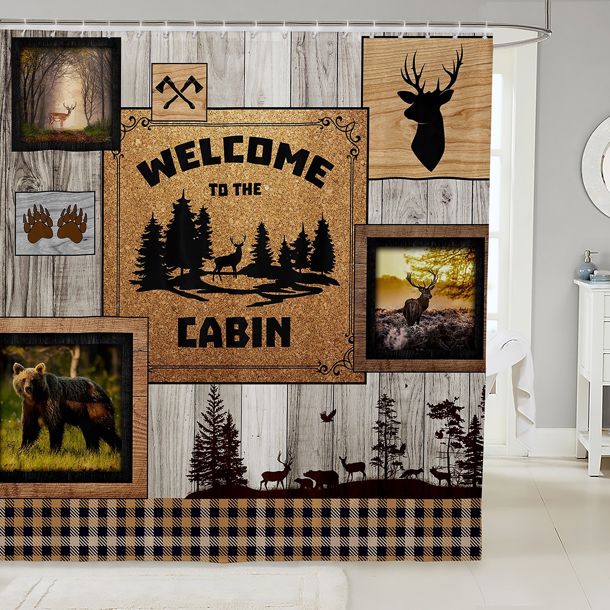 Retro Cabin Rustic Bear Deer Bath Curtain Hunting Wild Animal Shower ...