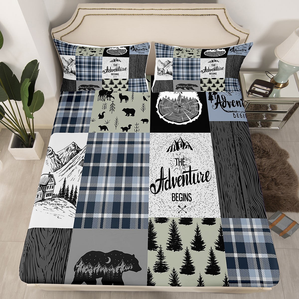 Retro Cabin Rustic Bedding Set For Bedroom, Farmhouse Lodge Bear Fitted ...