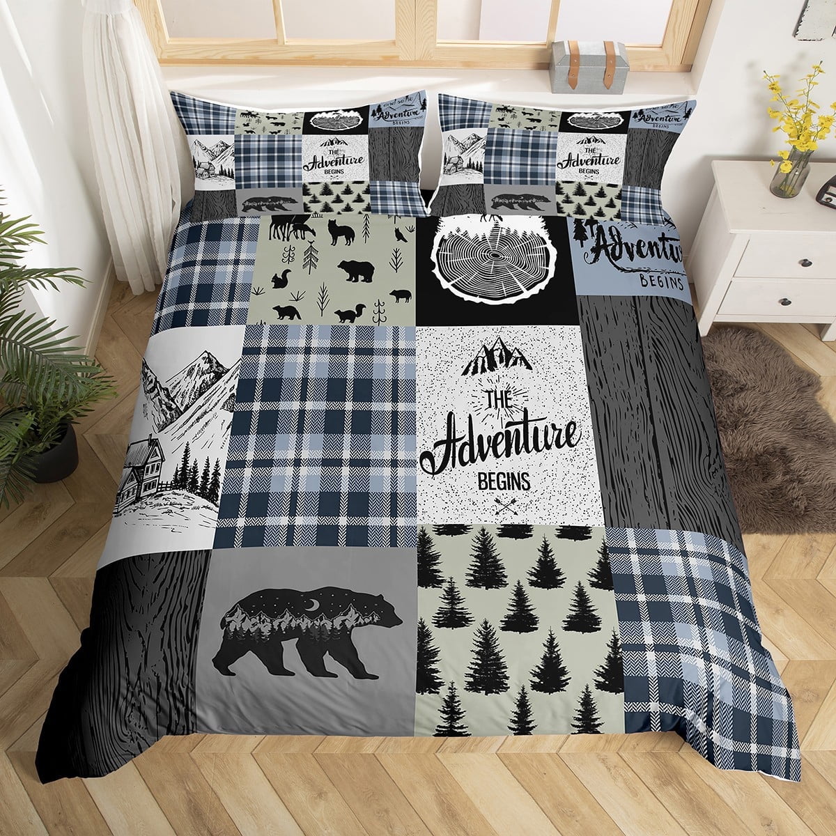 Retro Cabin Rustic Bedding Set, Farmhouse Lodge Bear Duvet Cover Full ...
