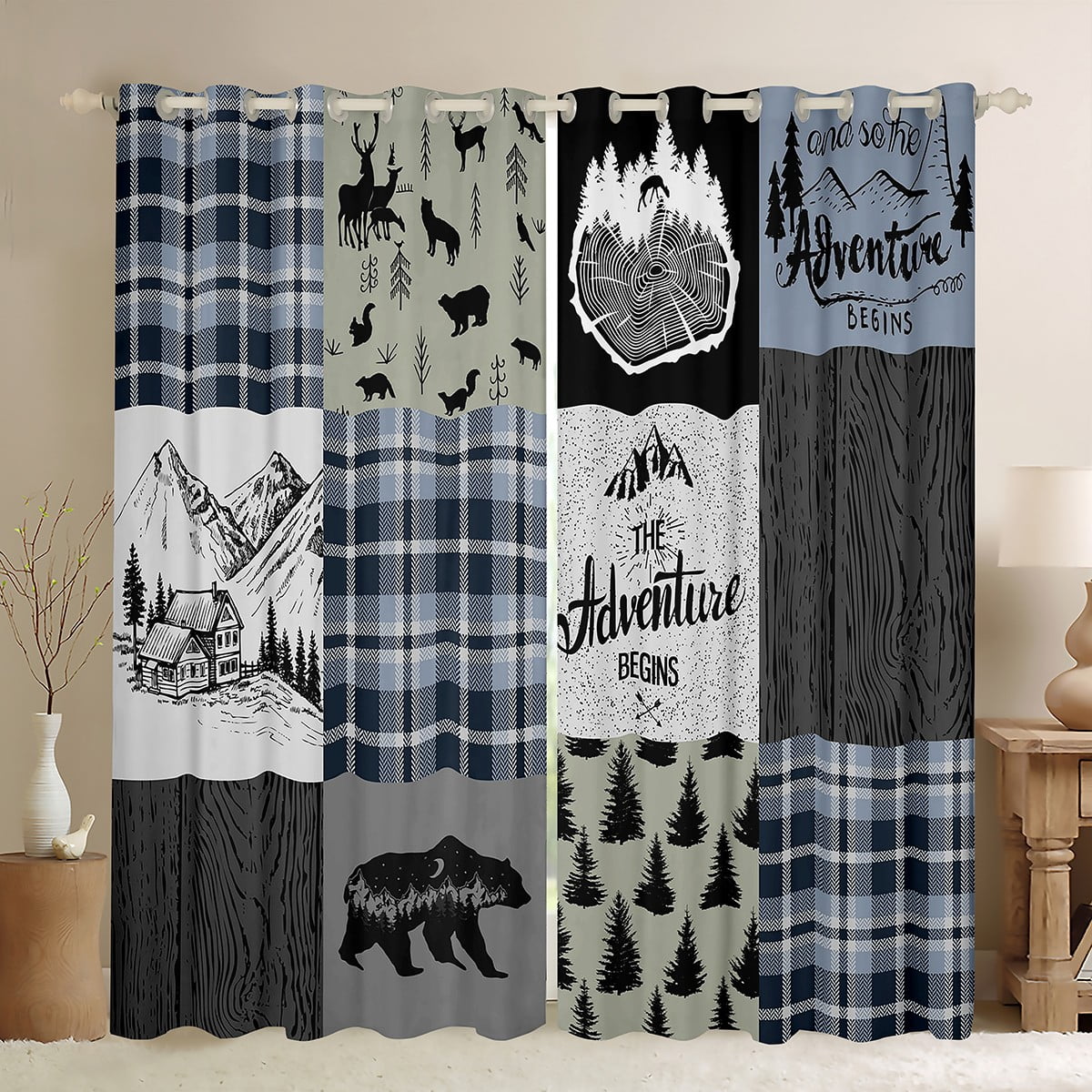 Retro Cabin Rustic Blackout Curtains For Bedroom, Farmhouse Lodge Bear ...