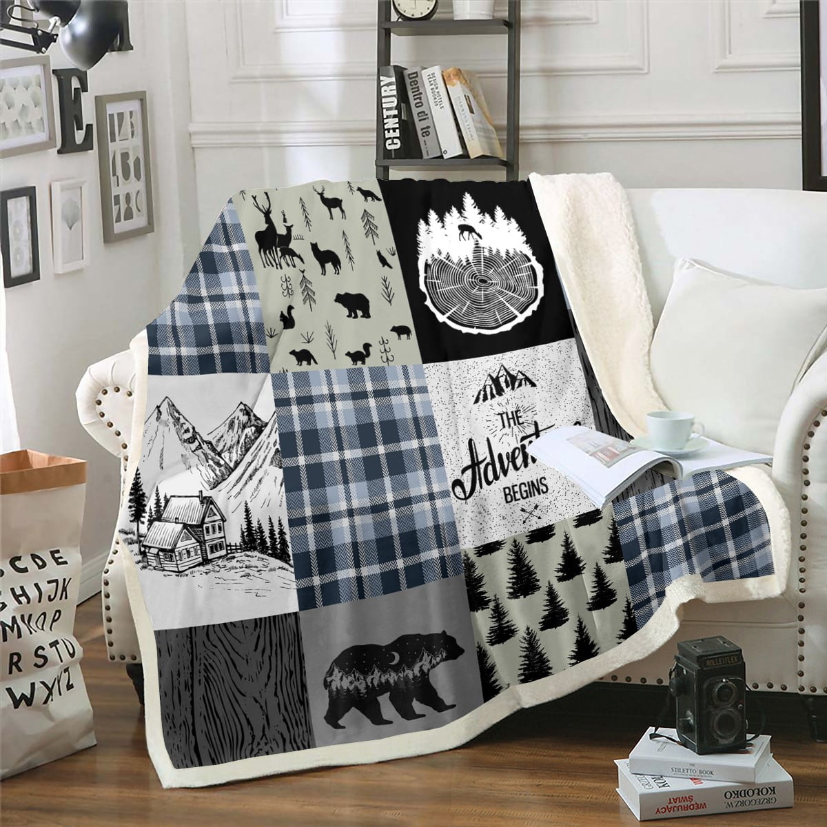 Retro Cabin Rustic Fleece Blanket For Bedroom, Farmhouse Lodge Bear ...