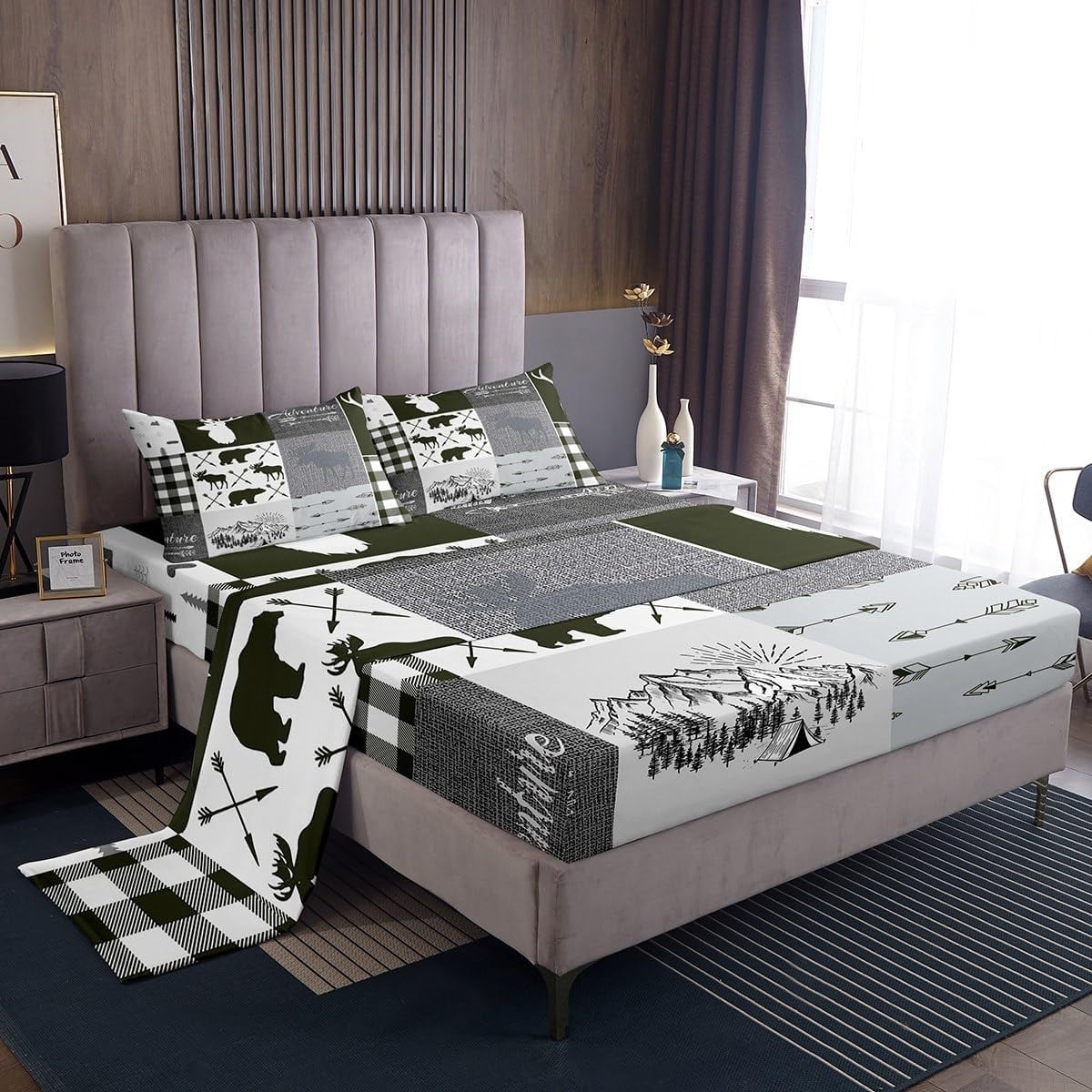 Retro Cabin Sheet Set 4Pcs Rustic Bear Deer Fitted Sheet Teens Adult ...