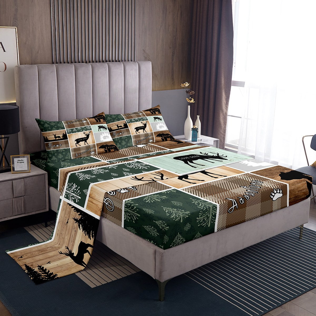 Retro Cabin Sheet Set, Pine Tree Buffalo Plaid Bed Sheets Set Bear Deer ...