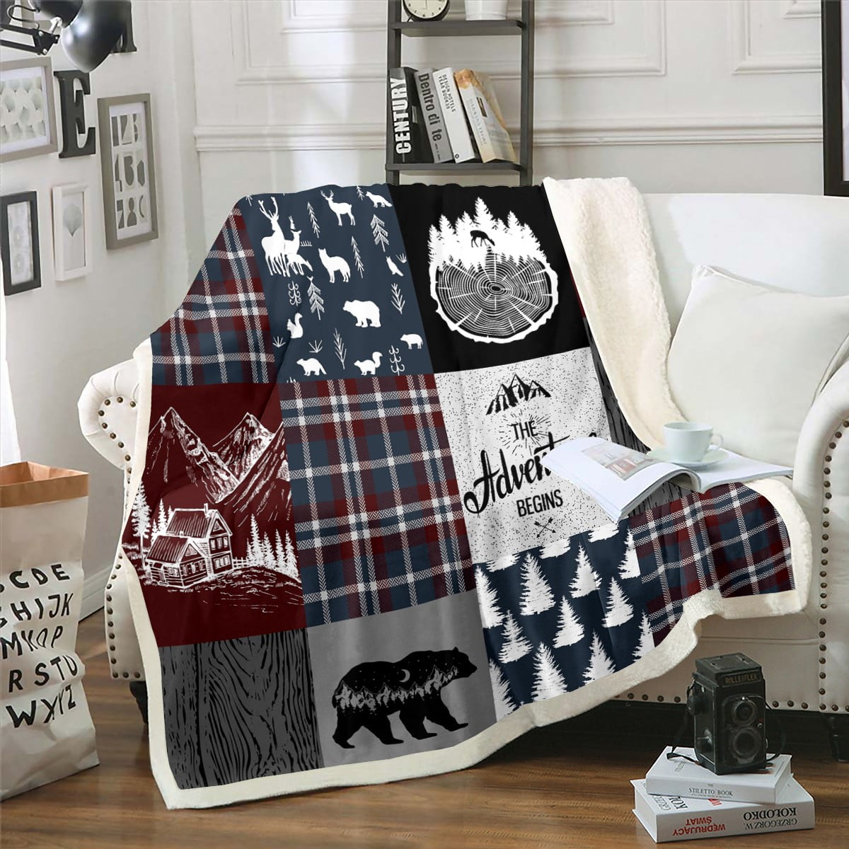 Retro Cabin Sherpa Blanket For Kids, Rustic Adventure Bear Deer Moose ...