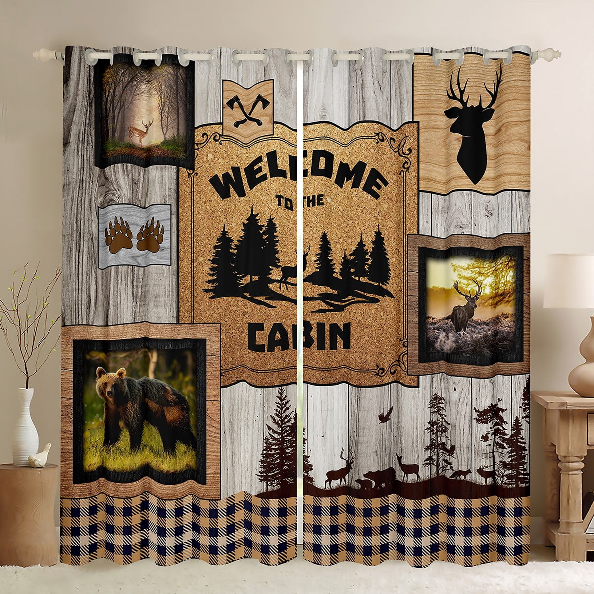 Retro Cabin Curtains Rustic Bear Deer Curtains & Drapes Hunting Wild ...