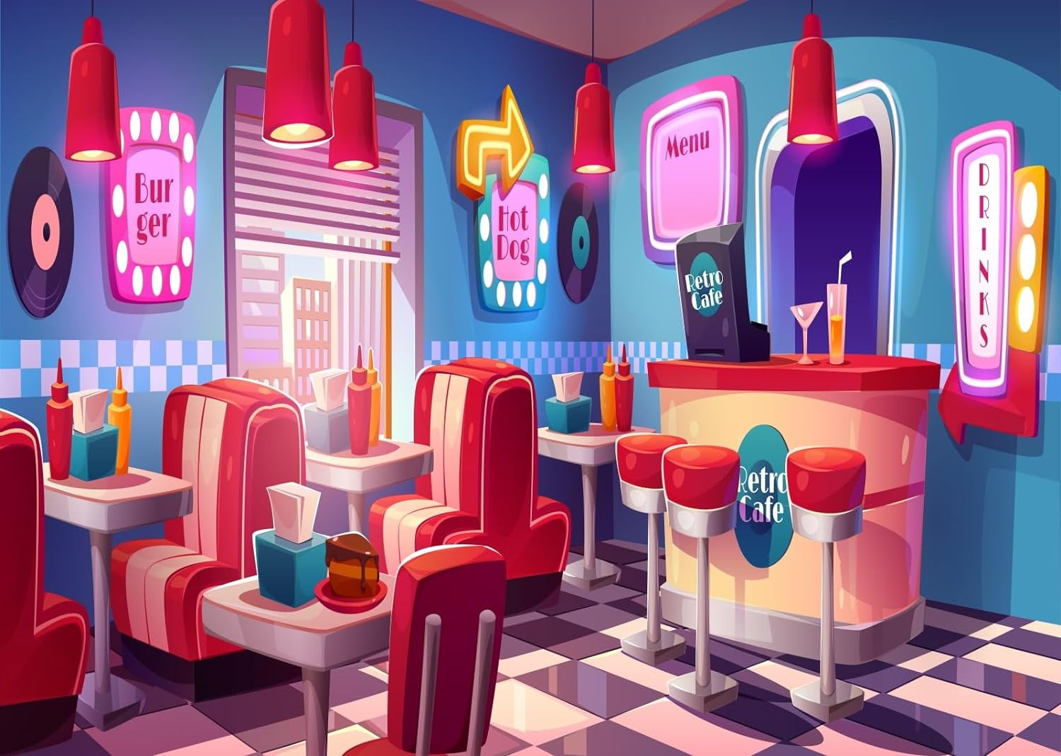 Retro Cafe Interior Photography Background Cartoon Style Fast-Food ...
