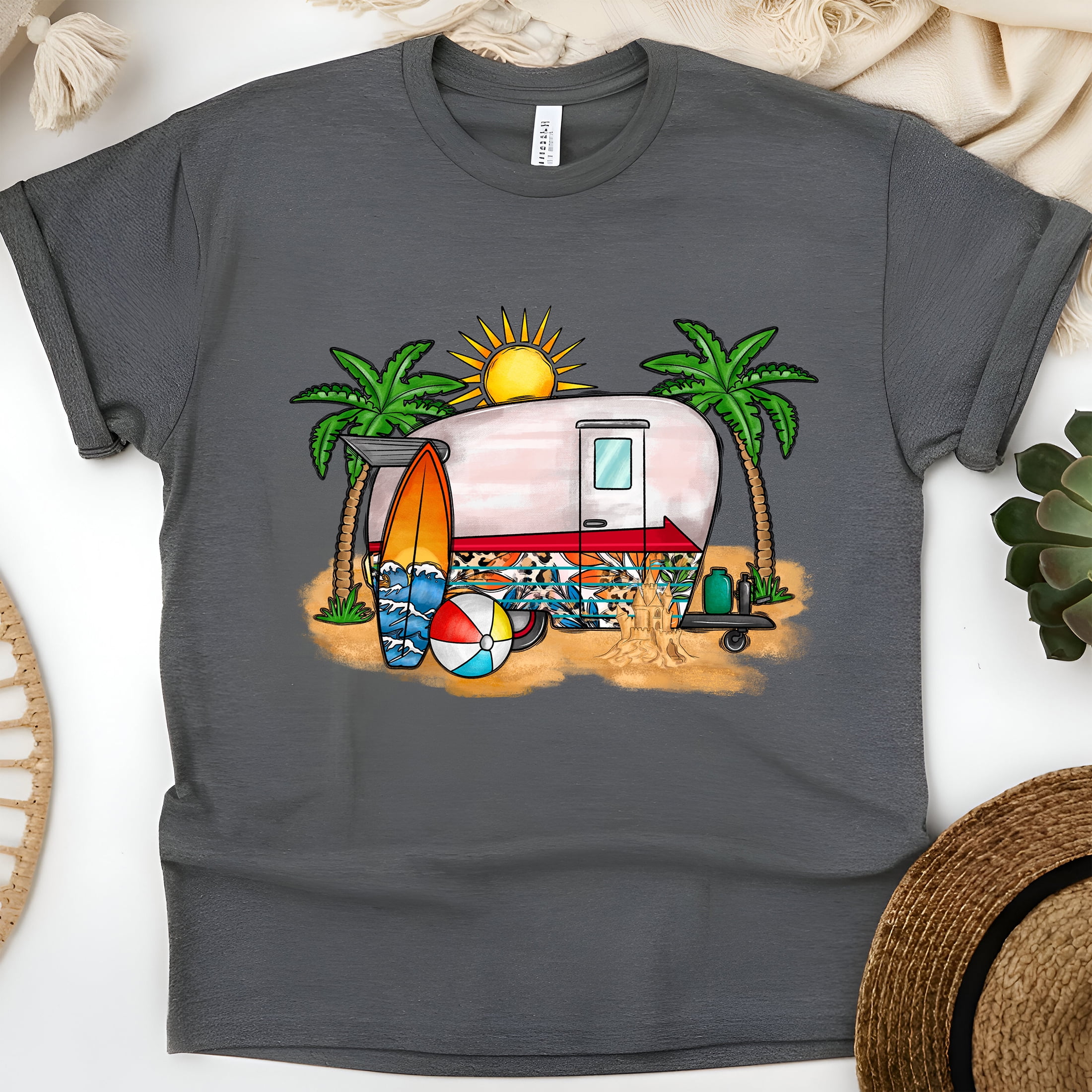Retro Camper Graphic Tee, Surf & Sun Beach Trip Shirt, Outdoor Theme, Dark Heather, Size S ...