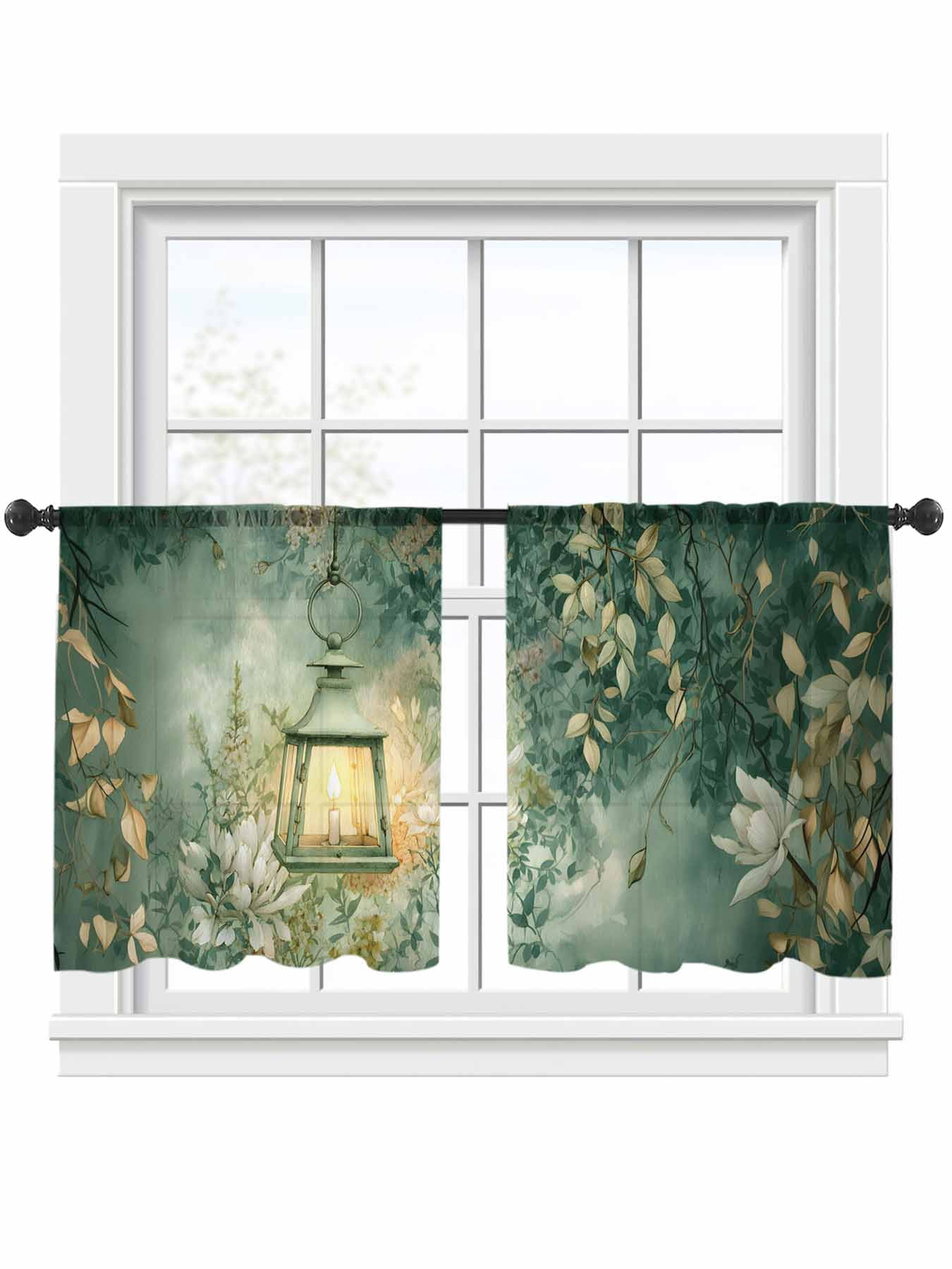 Retro Candles Sheer Curtains 2 Panels Set Flowers Green Leaf ...