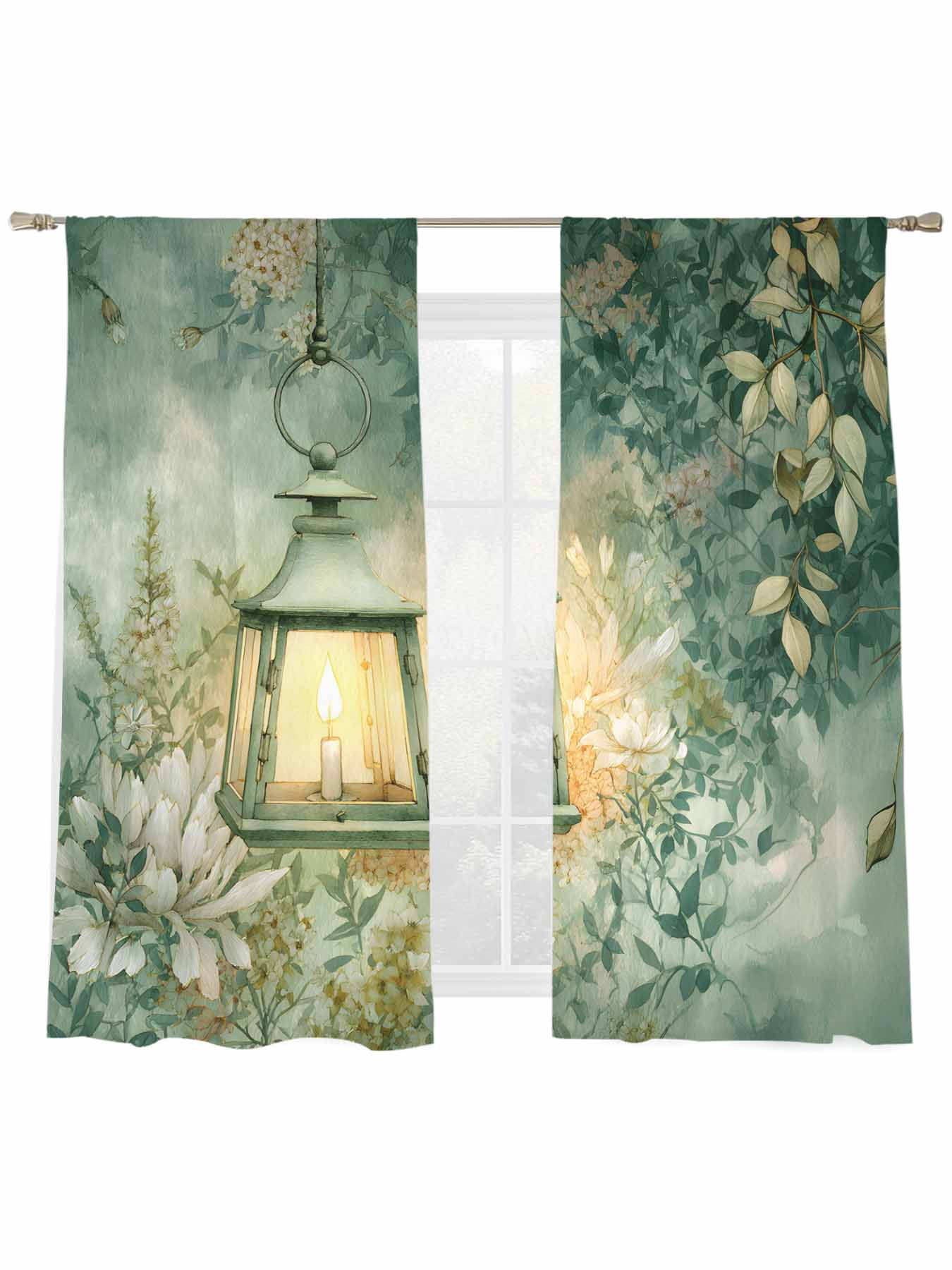 Retro Candles Sheer Curtains 2 Panels Set Flowers Green Leaf ...