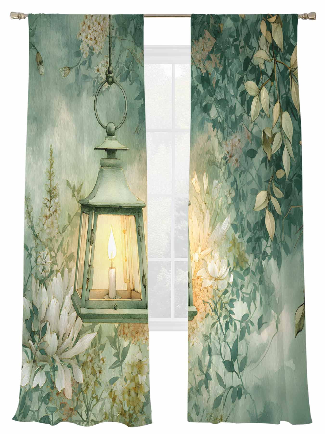 Retro Candles Sheer Curtains 2 Panels Set Flowers Green Leaf ...