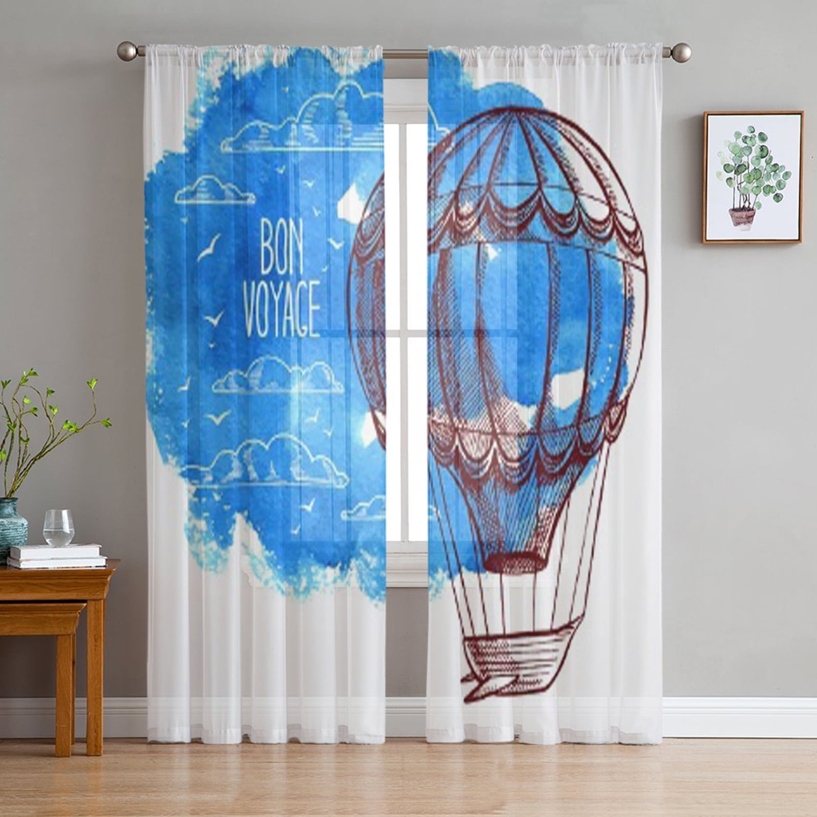 Retro Card Flying Balloon Blue Chiffon Sheer Curtains for Living Room ...