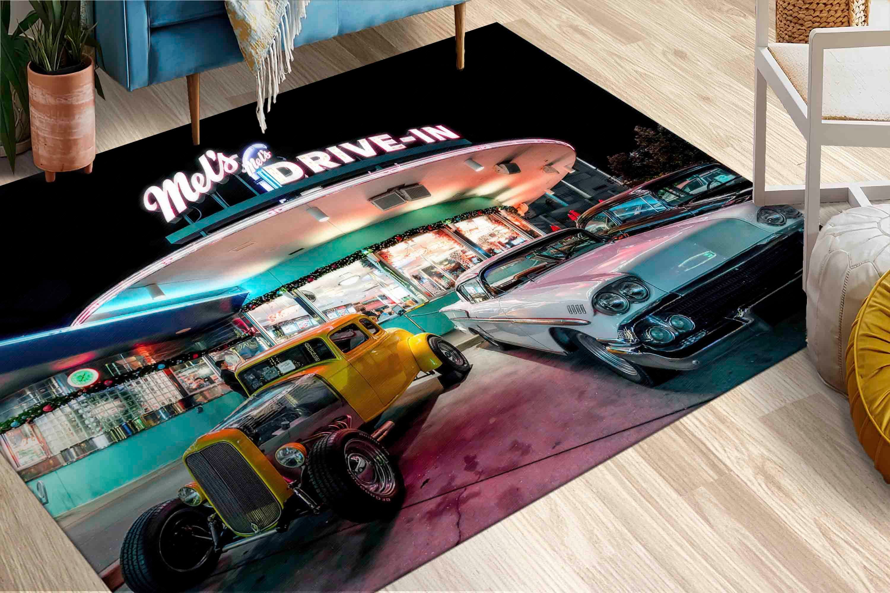 Retro Cars Rug, Indoor Rug, Floor Rugs, Vintage Drive In Scenery Rugs ...