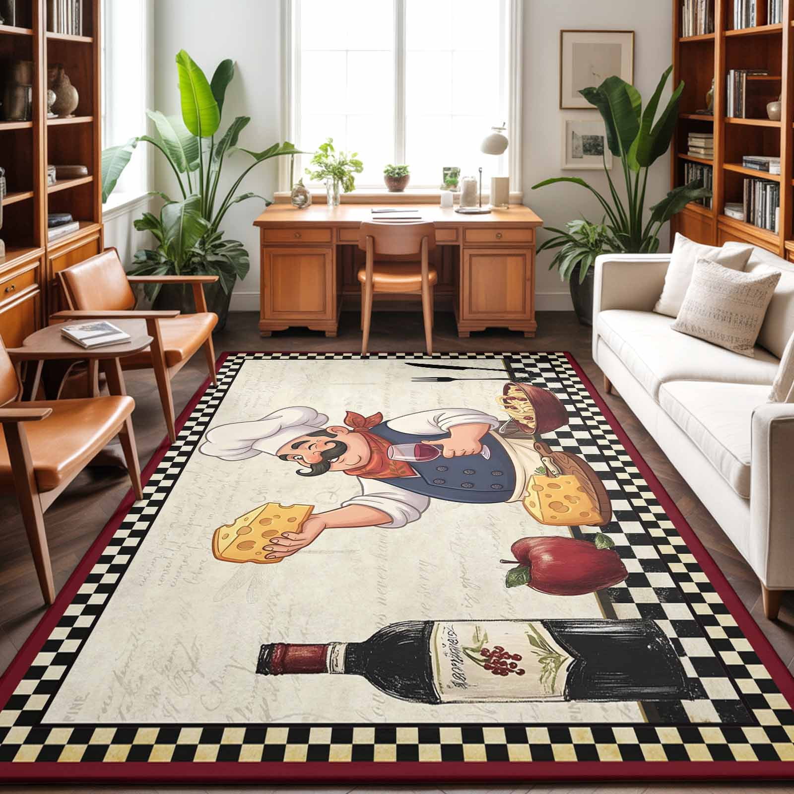 Retro Cartoon Chef Washable Area Rug 5 x 7 ft Vintage Wine Cheese ...