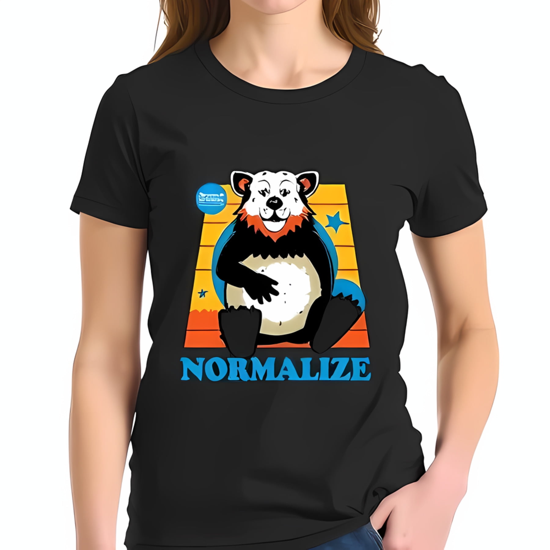 Retro Cartoon Panda Graphic T-Shirt - Black Cotton Short Sleeve Tee with 'NORMALIZE' Text ...