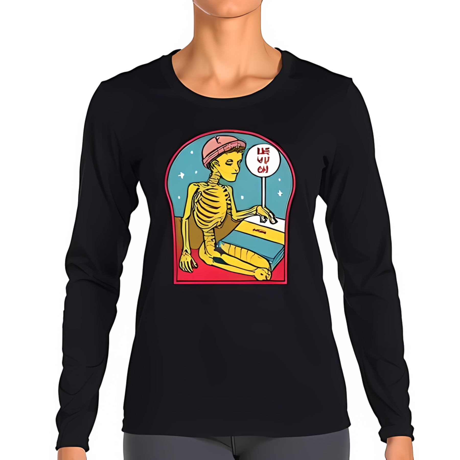 Retro Cartoon Skeleton Long Sleeve T-Shirt with Vintage & Asian Characters - Unique Macabre ...
