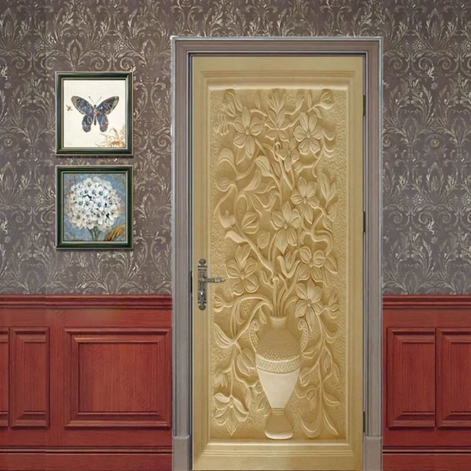 Retro Carved Wood Panel Photo Mural Wardrobe Door Decor Sticker Self ...