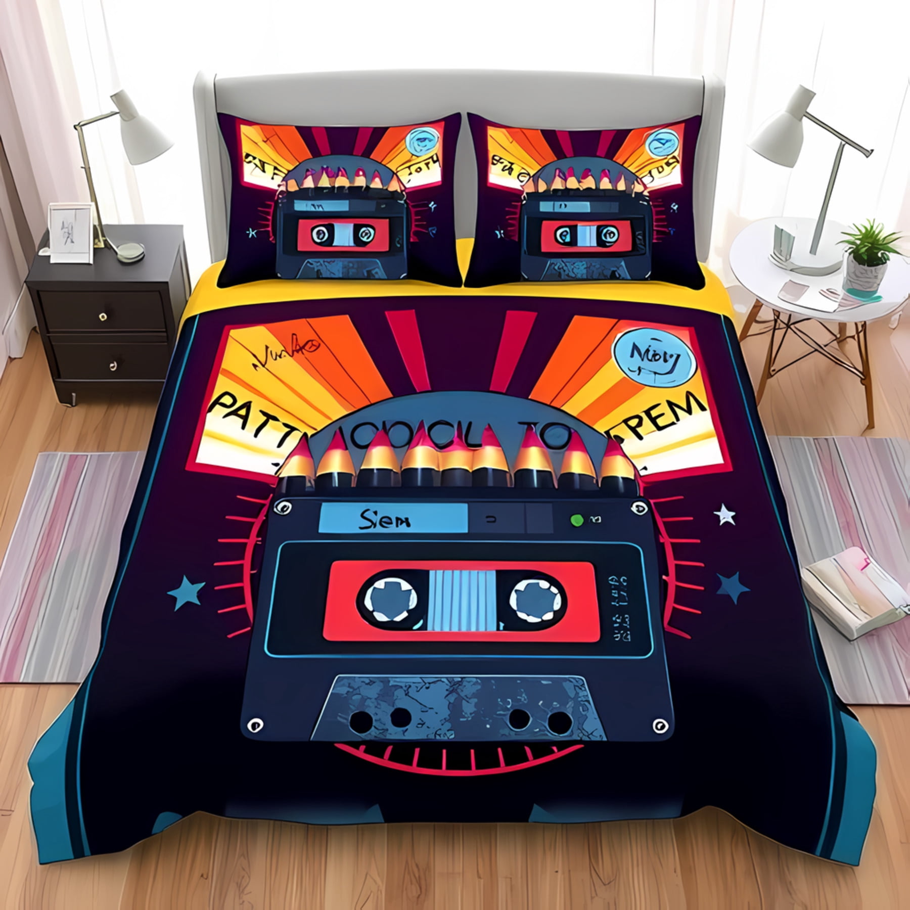 Retro Cassette Tape 3-Piece Duvet Cover Set with Colorful Pencils ...
