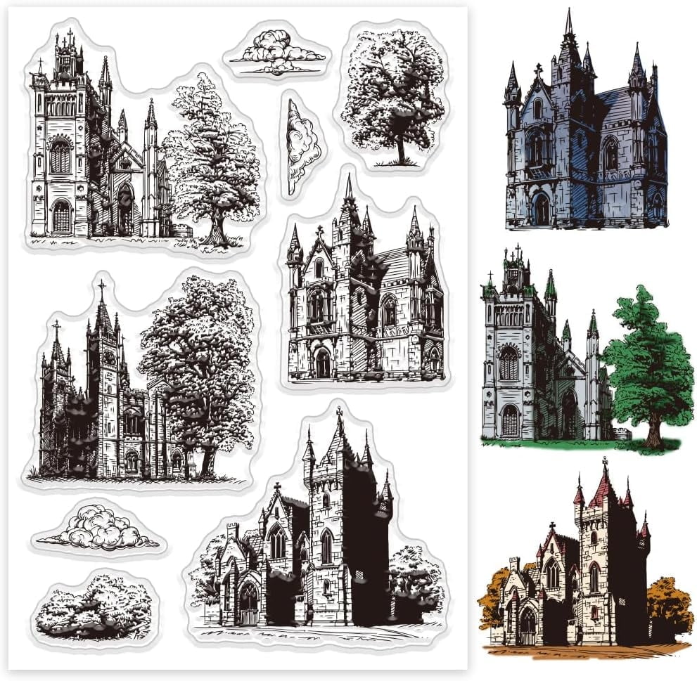 Retro Castle Clear Stamps for Cards Making Tree Clouds Clear Stamp ...