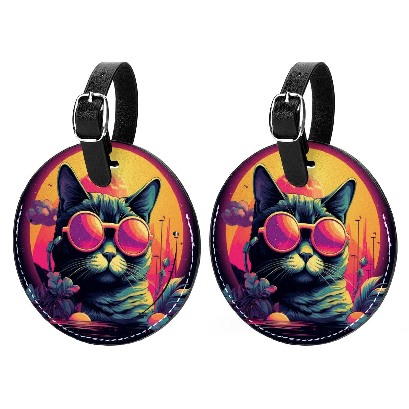 Retro Cat 2Pcs PU Leather Round Luggage Tags with Privacy Cover and ...