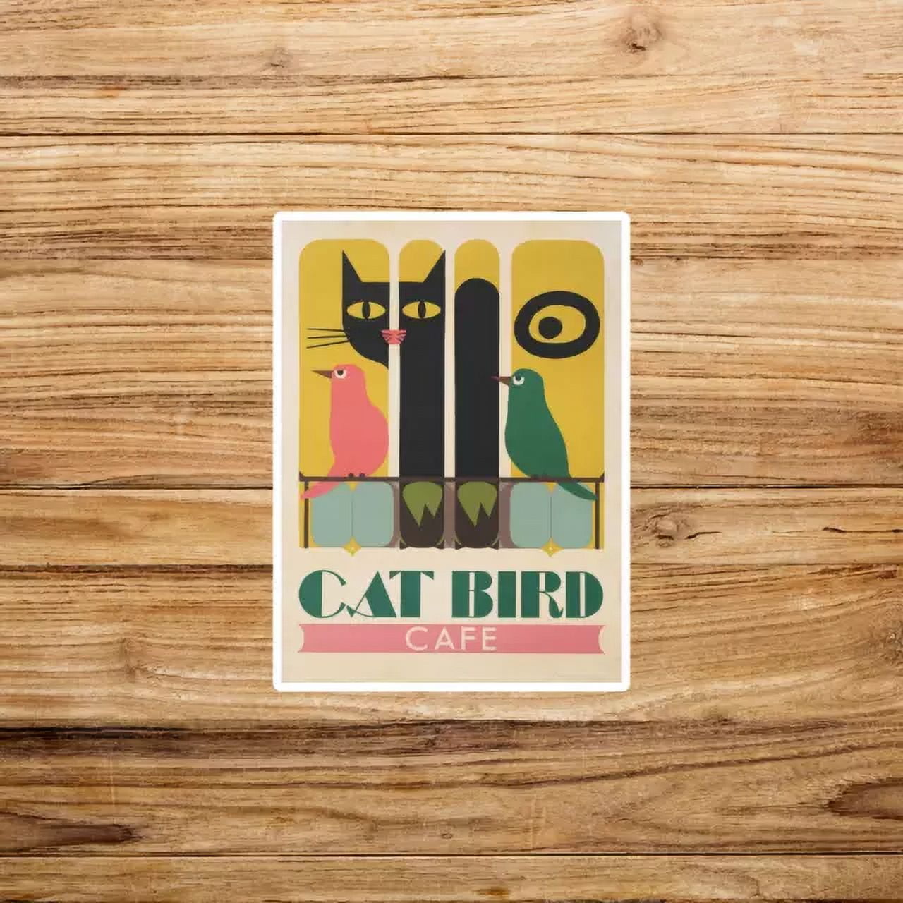 Retro Cat Bird Cafe Sticker - Whimsical Mid-Century Modern Wall Art ...