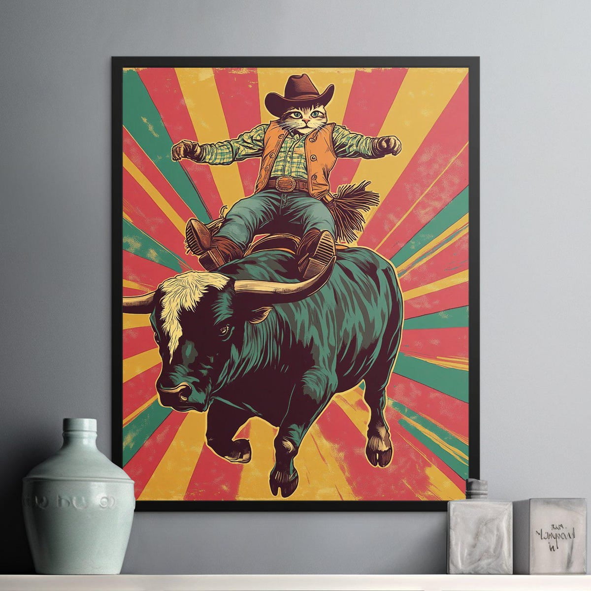 Retro Cat Bull Riding Poster, Vintage Western Art Print, Funny Animal ...