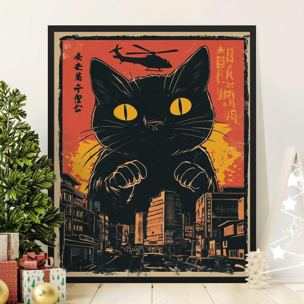 Retro Cat Cityscape Print, Vintage Cat Poster, Neo-Japanese Art, Cat ...
