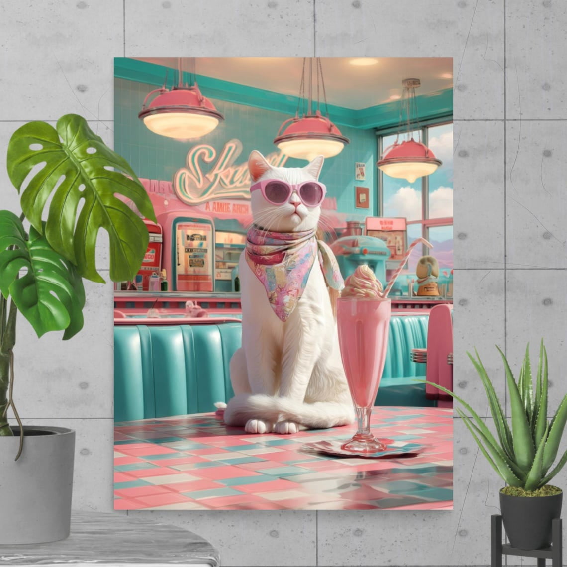 Retro Cat Diner Print, Mid,Century Modern Kitchen Wall Art Home Decor ...