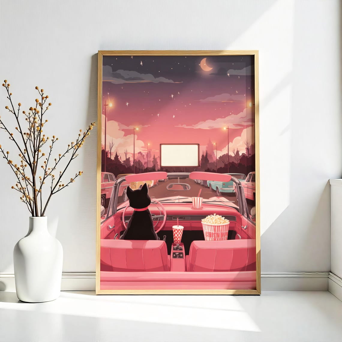Retro Cat Drive,In Poster, Pink Vintage Car Print 2067 UNFRAMED Poster ...