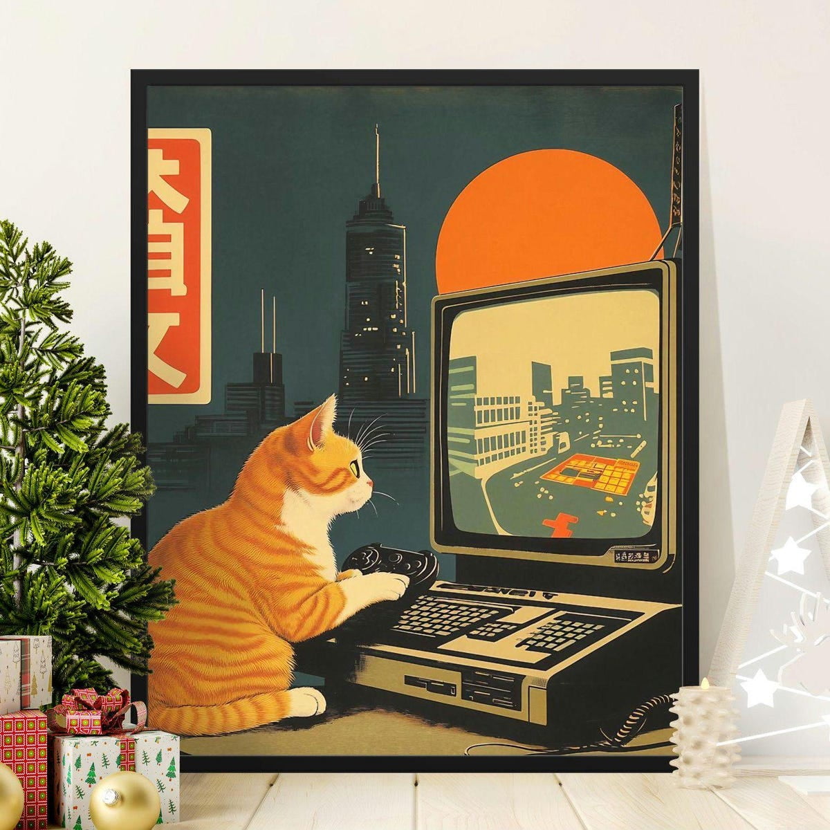 Retro Cat Gamer Poster, Cat Playing Video Games Print, Vintage Computer ...