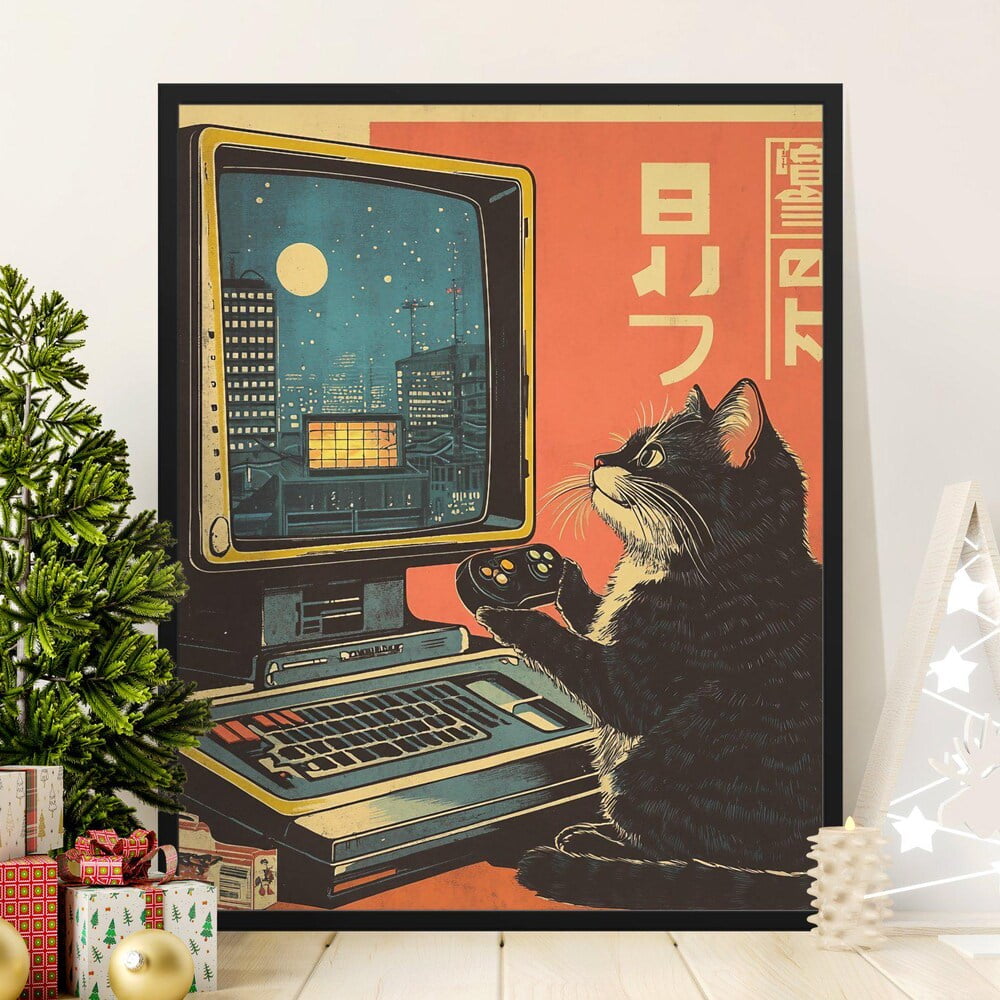 Retro Cat Gamer Poster, Vibrant Vintage Cat And Computer Print, Unique ...
