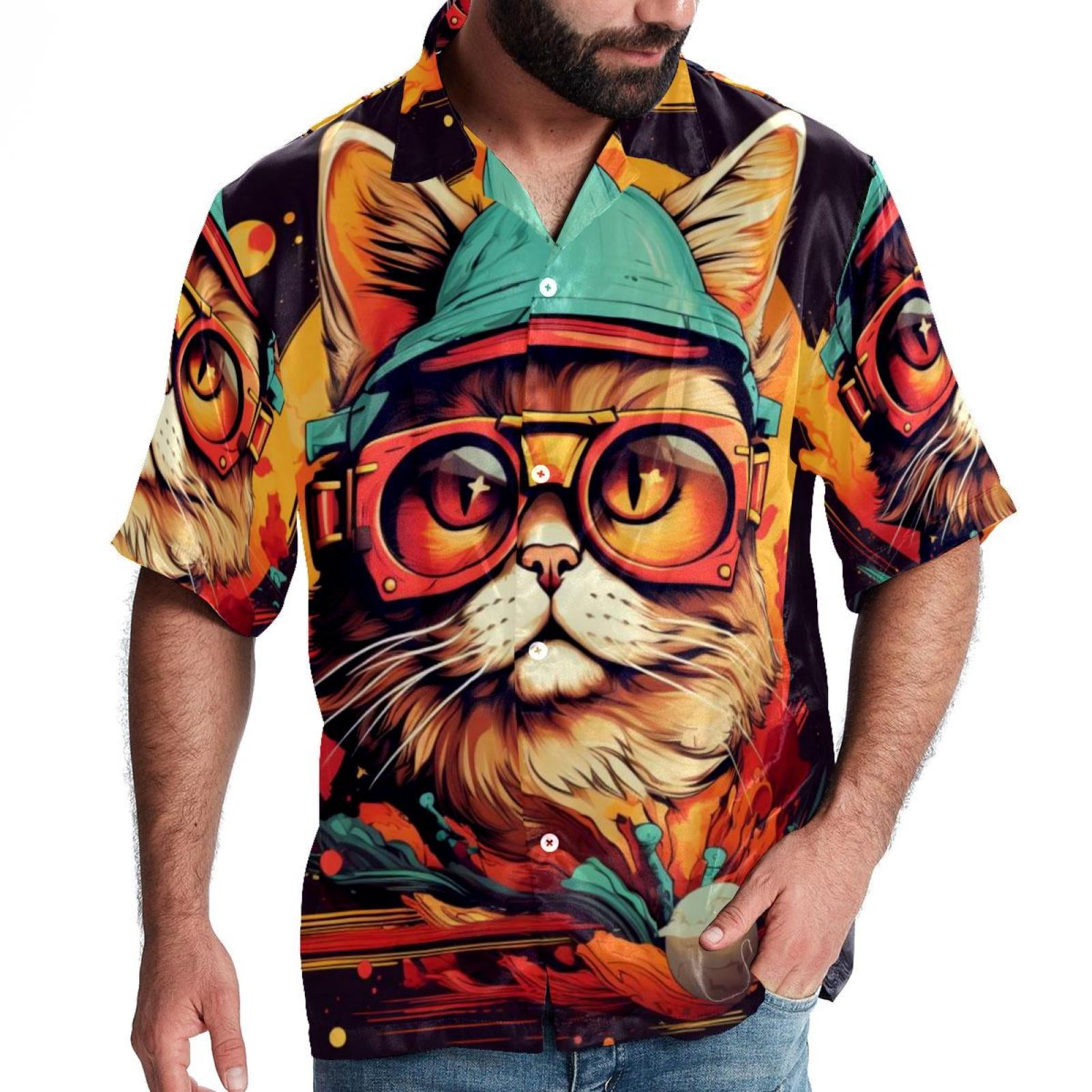 Retro Cat Men's Casual Printed Poplin Short Sleeve Button Down Beach ...