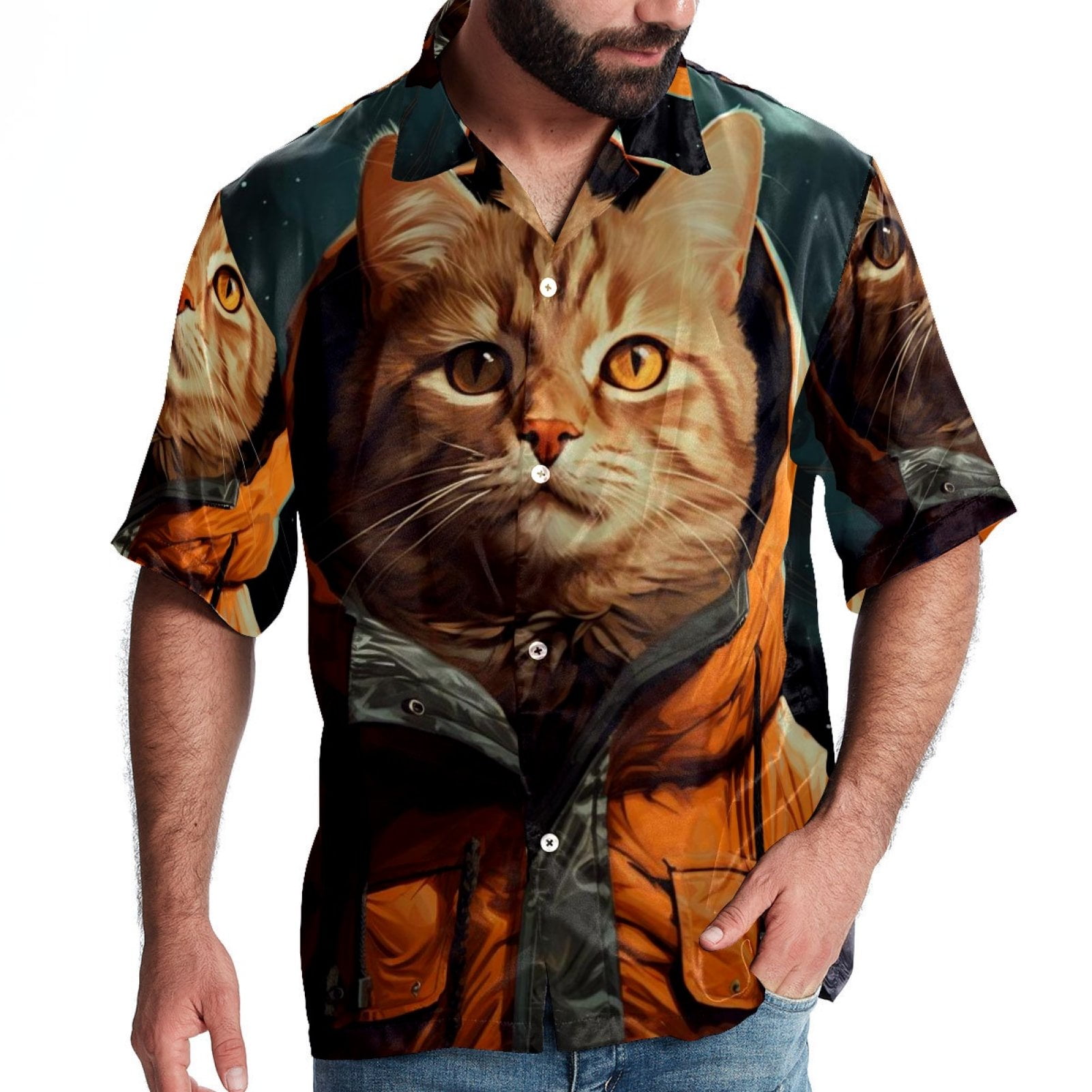 Retro Cat Men's Casual Spread Collar Hawaiian Short Sleeve Button Down ...