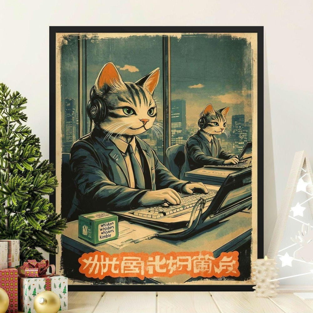 Retro Cat Office Print, Funny Cat Poster, Whimsical Cat Art, Cat Lovers Gift, Office Hum.Or ...