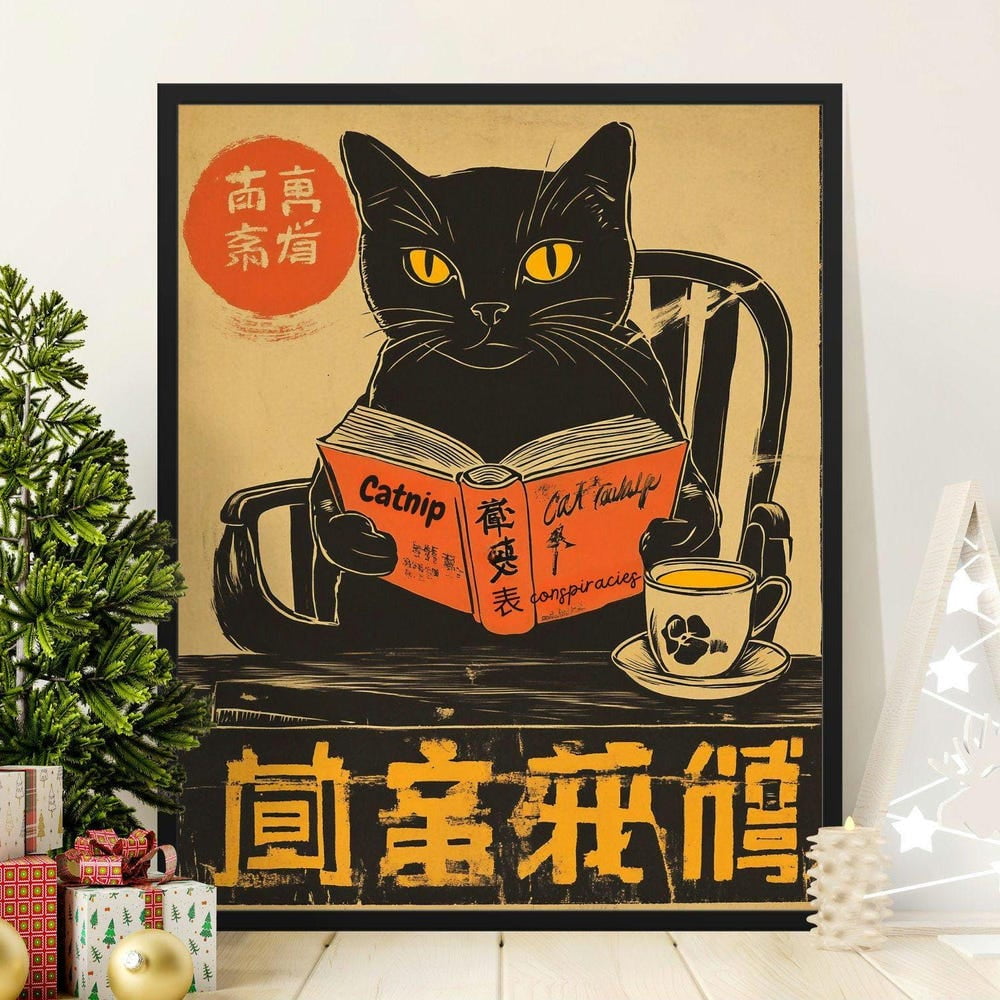 Retro Cat Poster Art, Vintage Style Wall Decor, Black Cat Reading Book ...