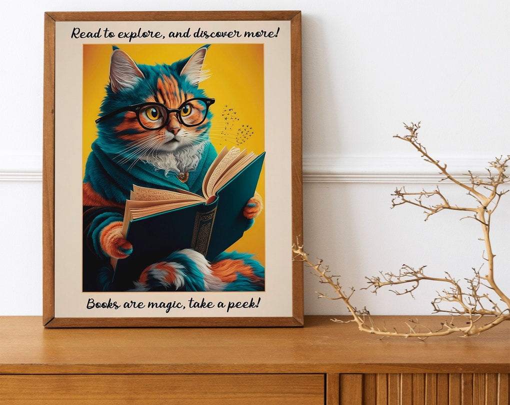 Retro Cat Poster, National Library Week Wall Art, Quirky Book Lover ...