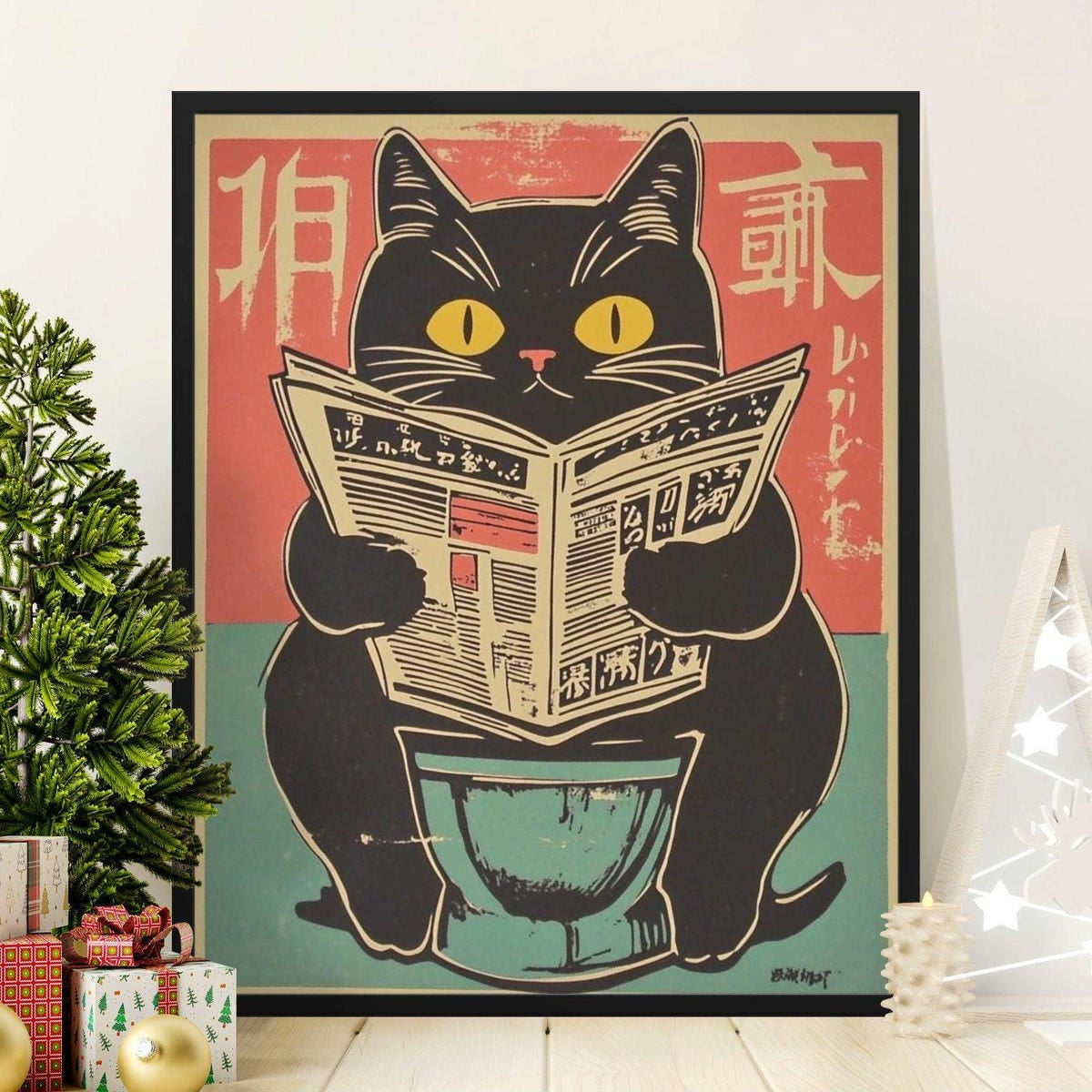 Retro Cat Reading Newspaper Wall Art, Unique Cat Lovers Decor, Japanese ...