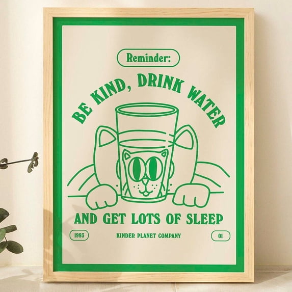Retro Cat Water Print Be Kind Drink Water Quote Self Care Poster ...