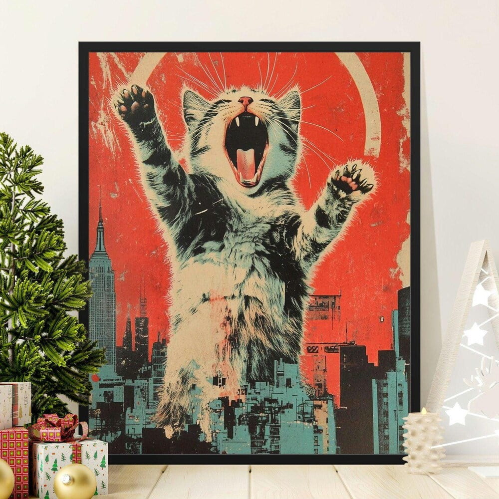Retro Catzilla Poster, Cat Attack Art Print, Vintage Cat Wall Decor ...