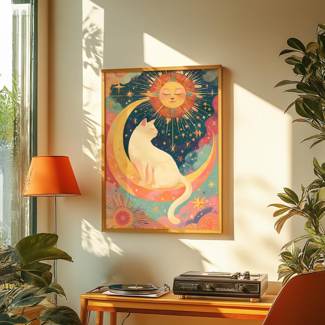Retro Celestial Cat Art Print, Colorful Sun And Moon Wall Decor ...