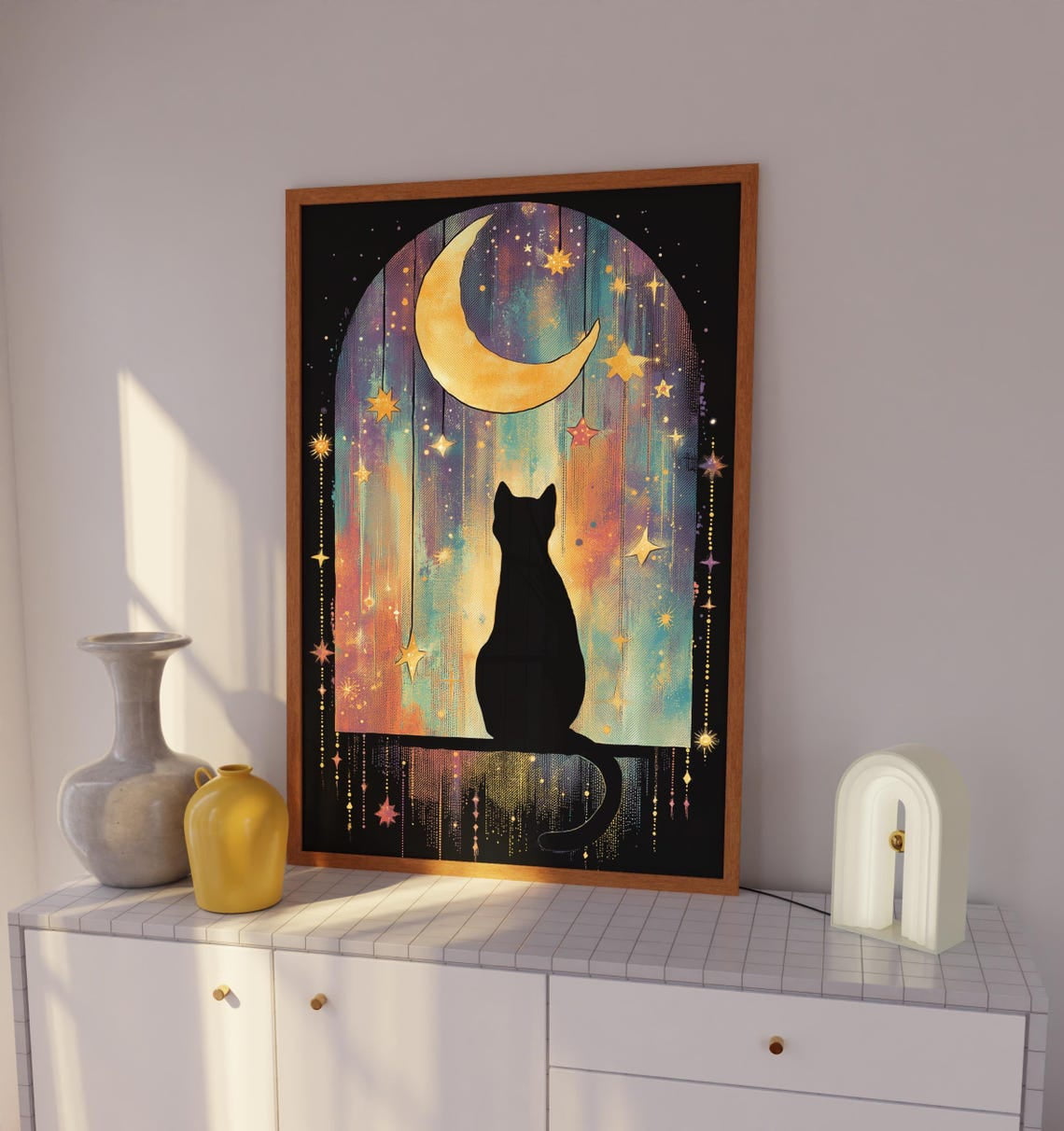 Retro Celestial Cat Wall Art, Moon Stars Black Cat Print, Dreamy Cosmic ...