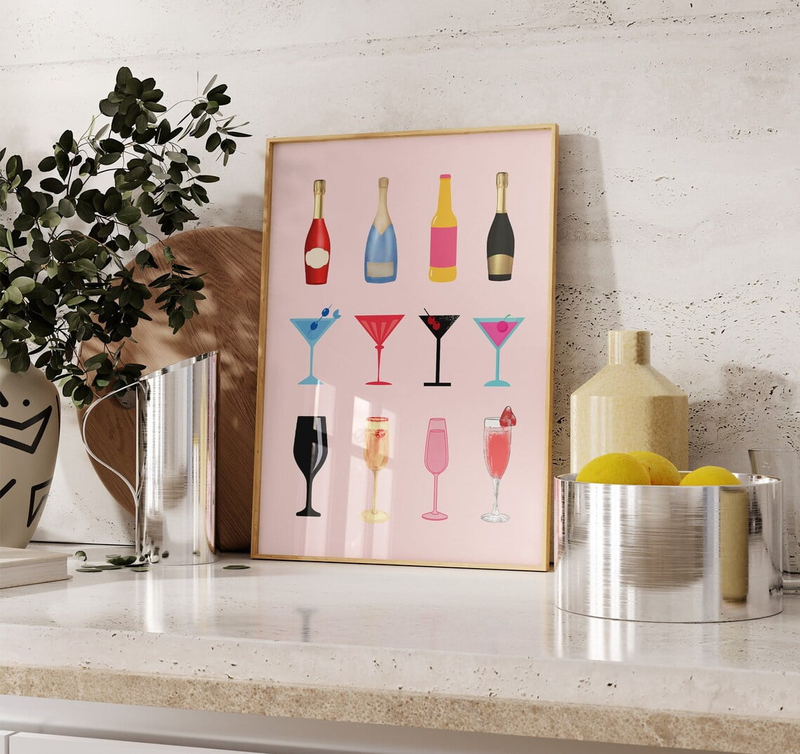 Retro Champagne Poster, Aesthetic Girly Bar Cart Art, Preppy Pink ...