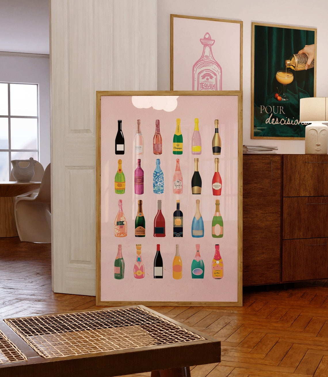 Retro Champagne Poster, Aesthetic Girly Bar Cart Art, Preppy Pink ...