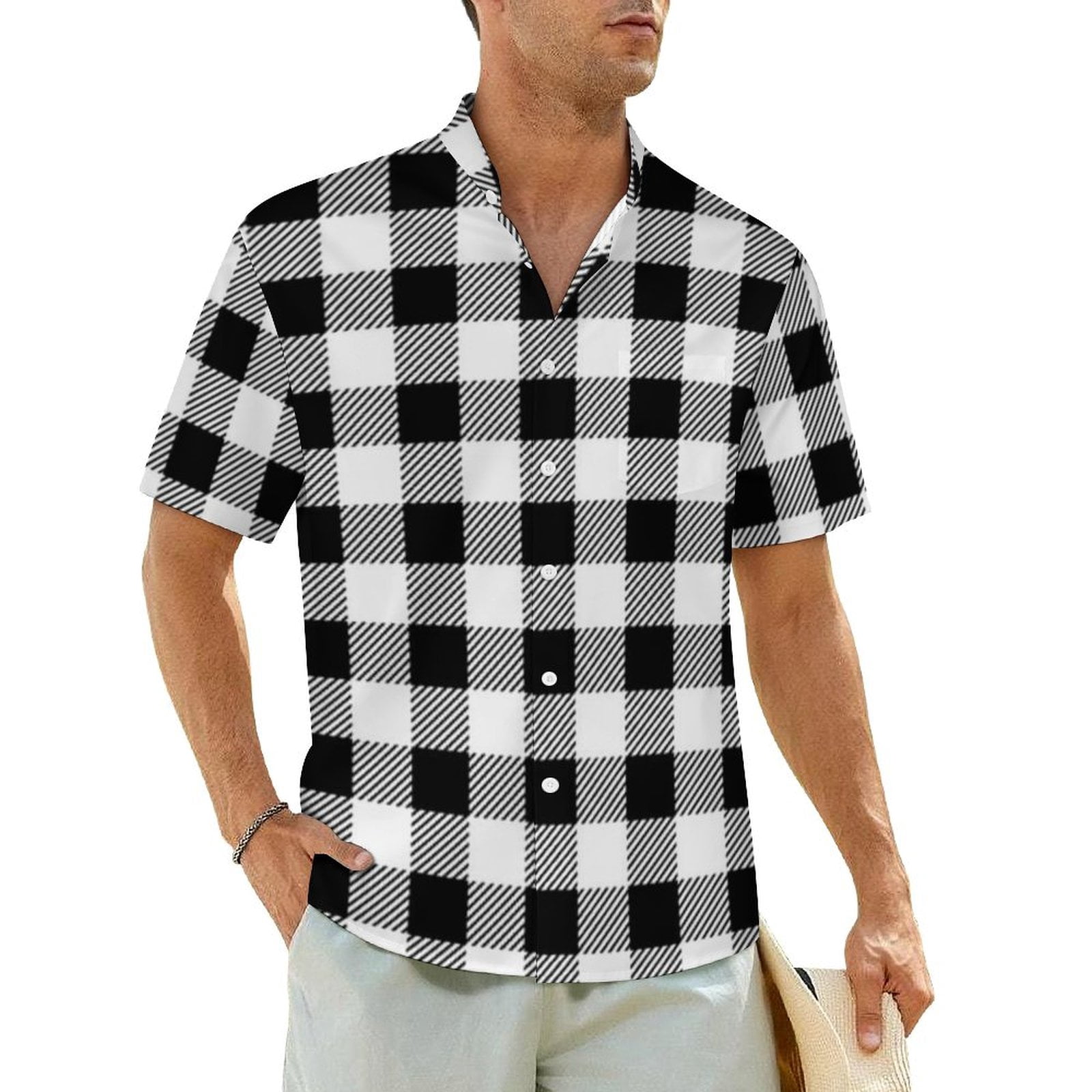 Retro Checkerboard Vacation Shirt Black and White Plaid Hawaii Casual ...