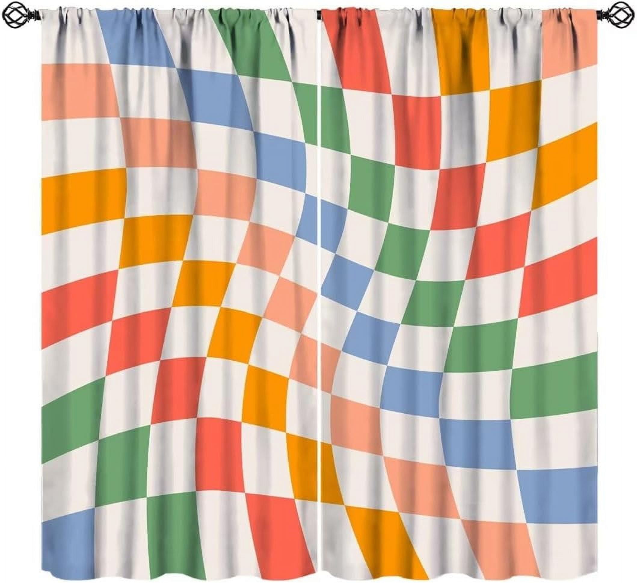 Retro Checkered Curtains, 70s Vintage Twisted Checkered Window Drapes ...