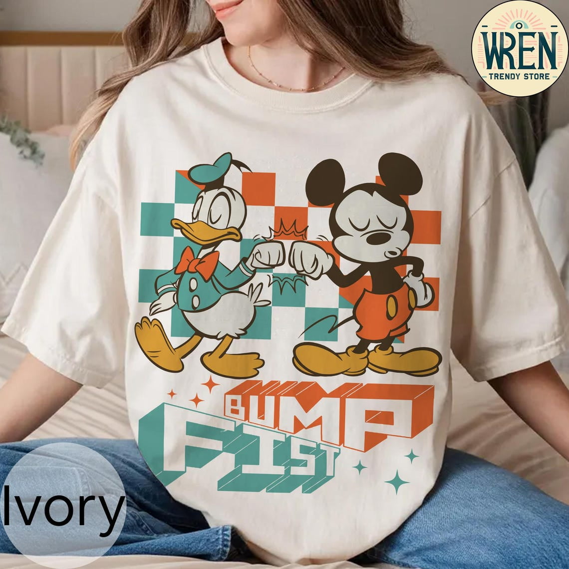 Retro Checkered Mickey Mouse and Donald Duck Fist Bump Comfort Colors T ...
