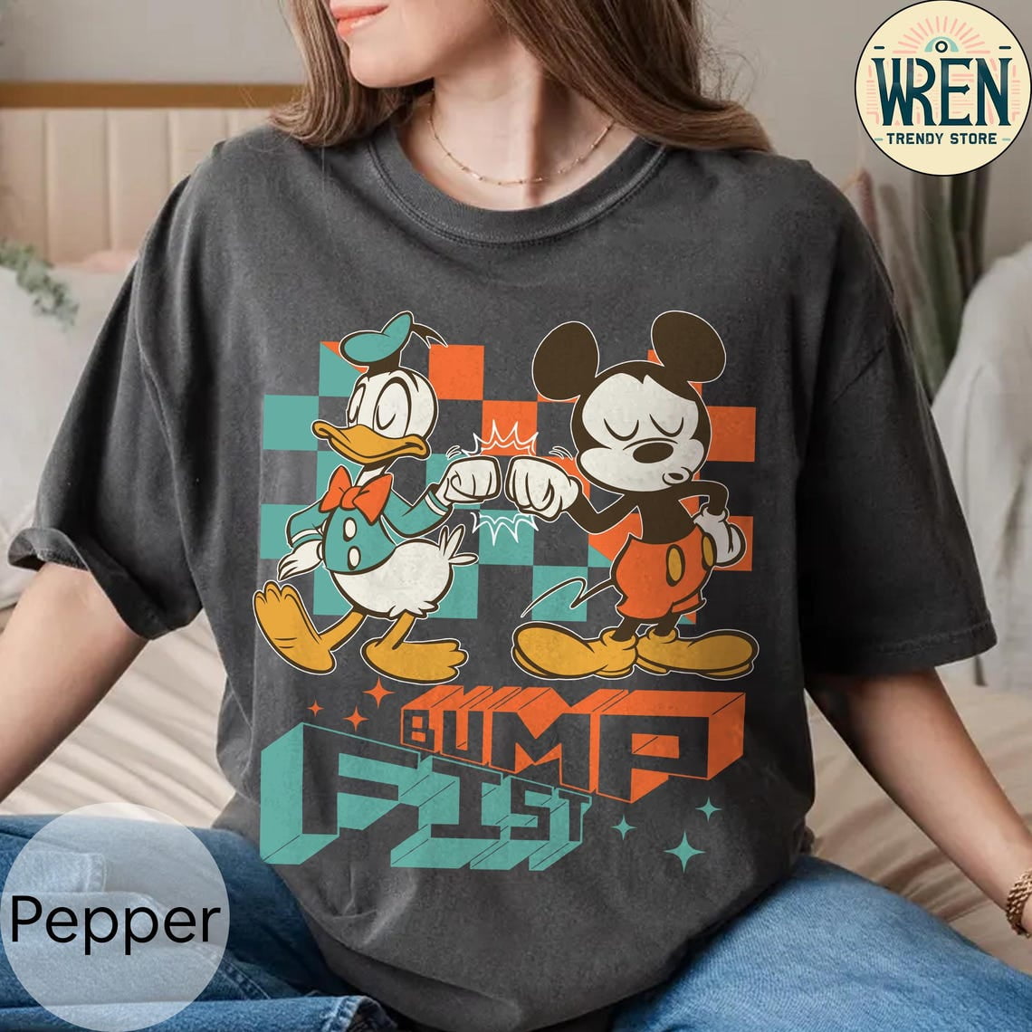 Retro Checkered Mickey Mouse and Donald Duck Fist Bump Comfort Colors T ...