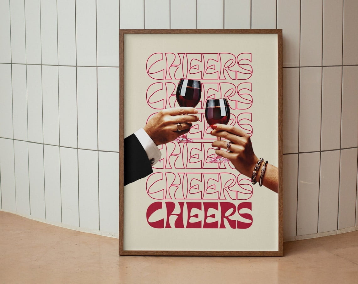 Retro Cheers Print • Bar Cart Art • Vintage Wine Glasses Toast • Elegant Fancy Alcoholic Poster ...