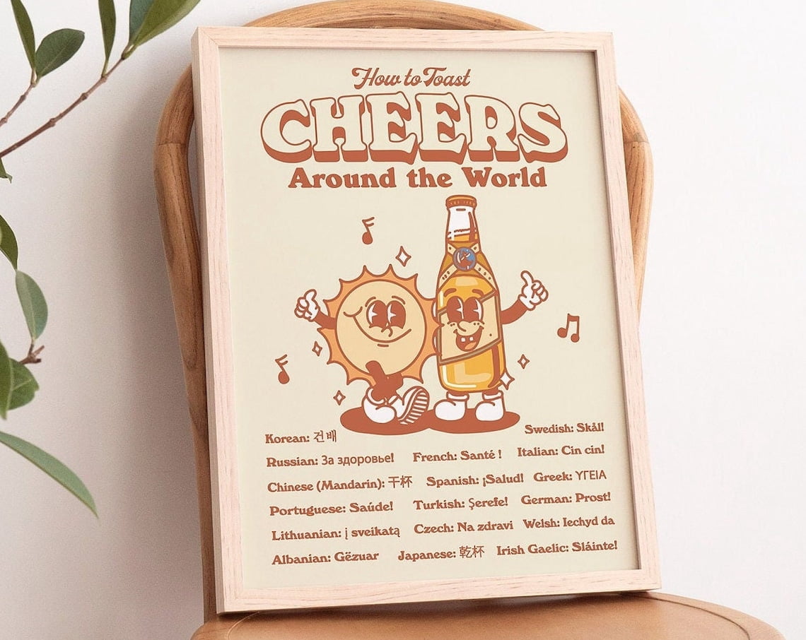 Retro Cheers Print, Beer Print Bar Poster, Beer Gift, Alcohol Bar Cart ...