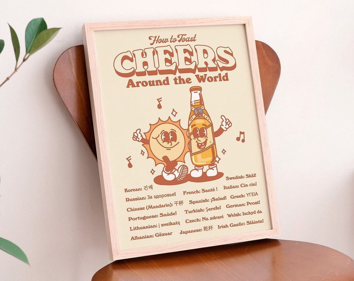 Retro Cheers Print, Beer Print Bar Poster, Beer Gift, Alcohol Bar Cart ...